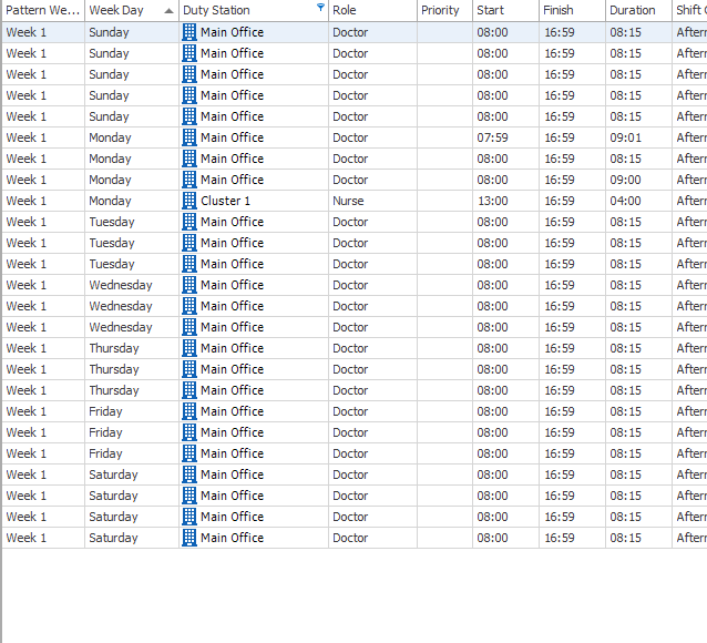 Filtering in Shift Pattern Manager