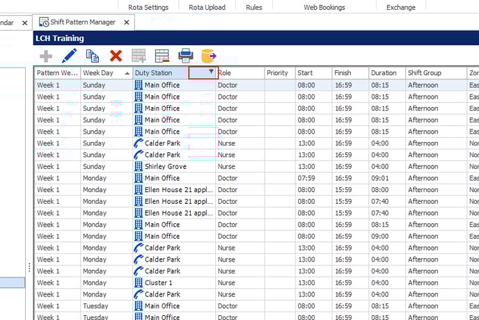 Filtering in Shift Pattern Manager