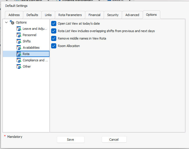 Default Settings - Options