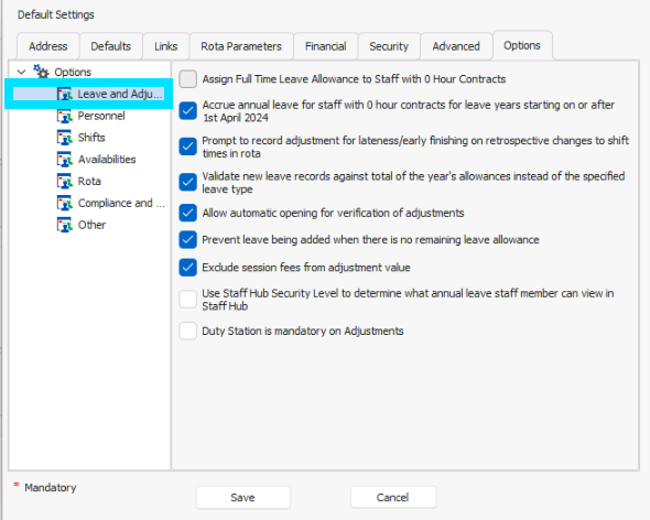 Default Settings - Options