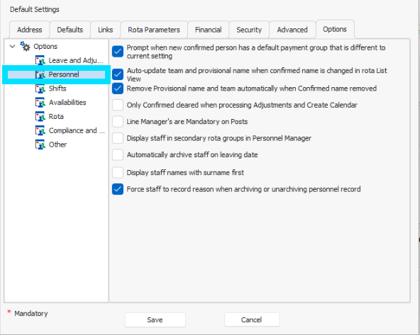 Default Settings - Options