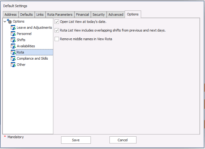 Default Settings - Options