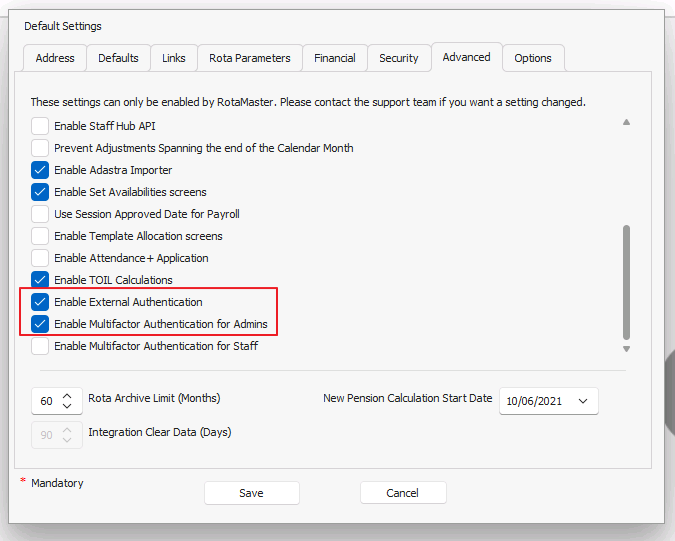 Enabling Multi-factor authentication in RotaMaster